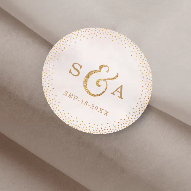 Modern blush glitter rose gold wedding monogram classic round sticker ...