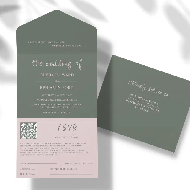 Modern Blush & Moss QR Code All In One Invitation | Zazzle
