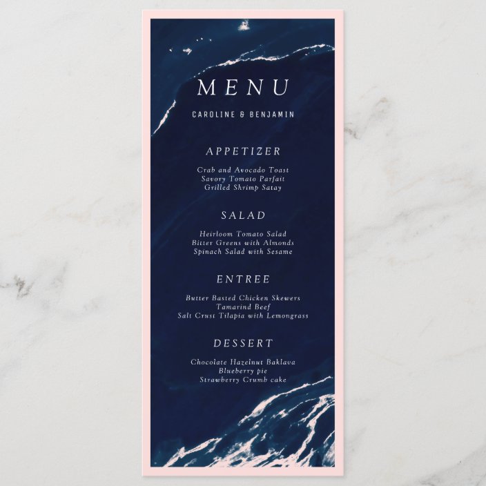 Modern blush navy marble nautical wedding menu | Zazzle.com