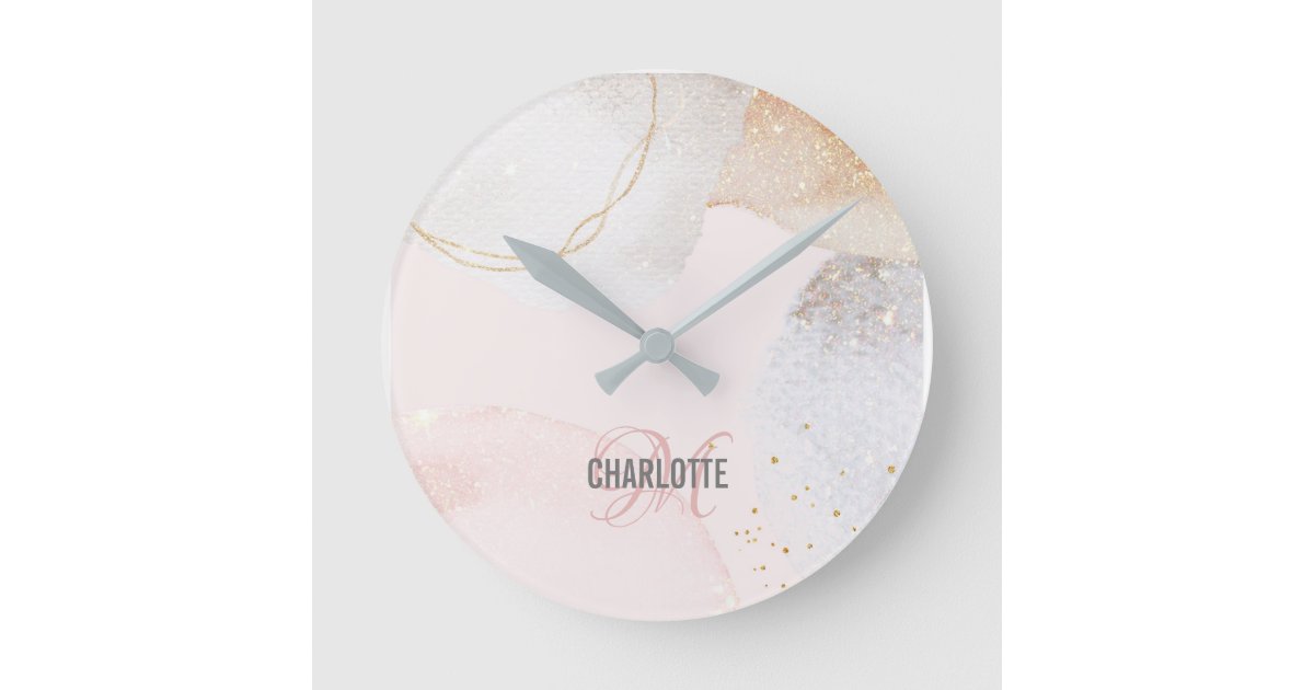 Modern blush pink abstract art monogram name round clock | Zazzle