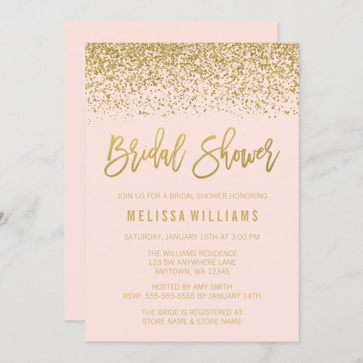 Modern Blush Pink Faux Gold Glitter Bridal Shower Invitation Zazzle