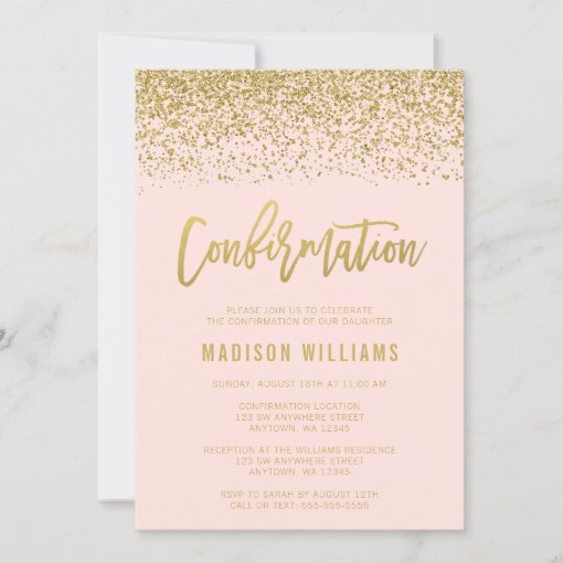 Modern Blush Pink Faux Gold Glitter Confirmation Invitation | Zazzle