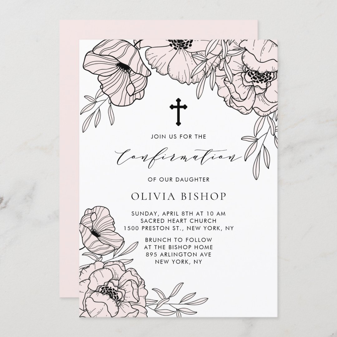 Modern Blush Pink Flowers Confirmation Invitation | Zazzle