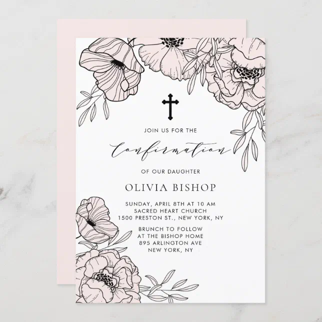 Modern Blush Pink Flowers Confirmation Invitation | Zazzle