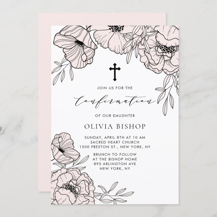 Modern Blush Pink Flowers Confirmation Invitation | Zazzle