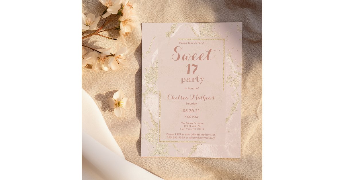 Modern blush pink gold glitter marble Sweet 17 Invitation | Zazzle