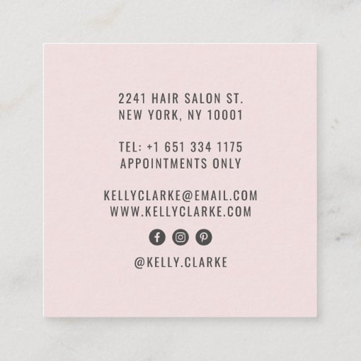 Modern blush pink hair salon script signature name square business card ...