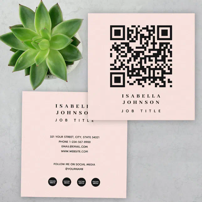 Modern Blush Pink QR Code Social Media Icons Square Business Card | Zazzle