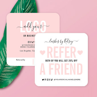 Modern Blush Pink Refer A Friend Logo Referral Square Business Card ...