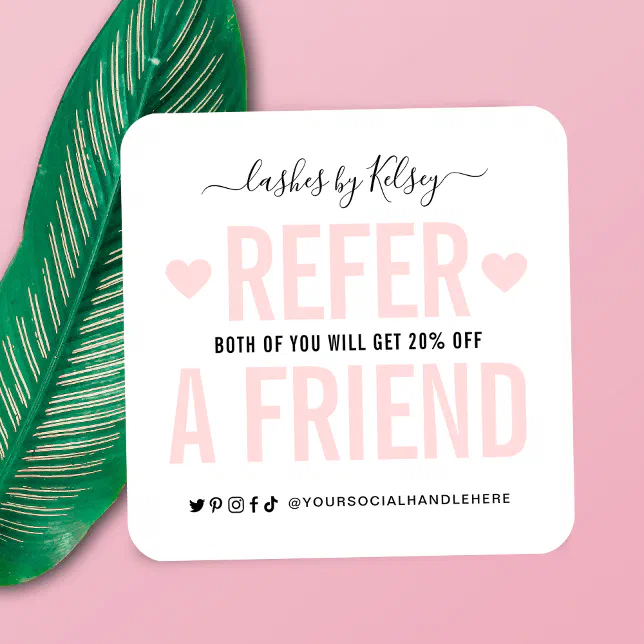 Modern Blush Pink Refer A Friend Logo Referral Square Business Card ...
