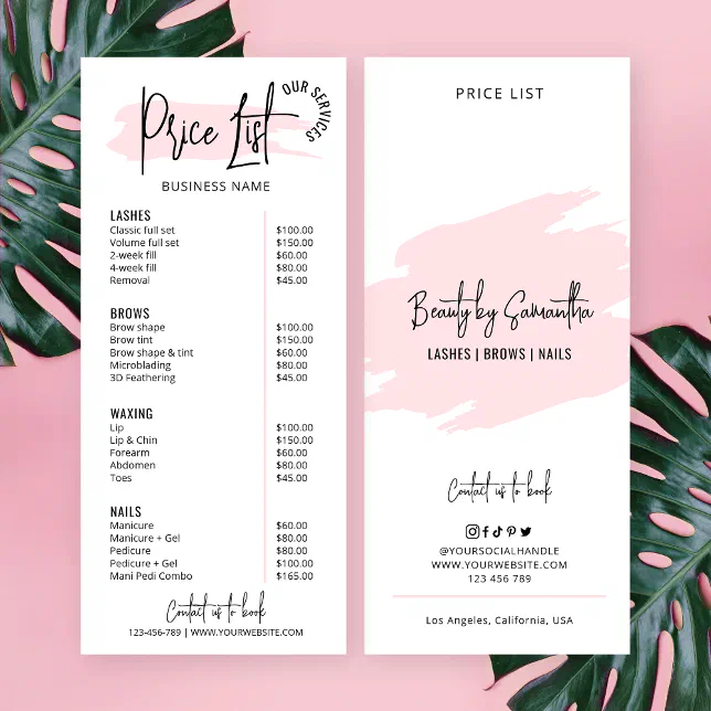 Modern Blush Pink Watercolor Salon Logo Price List Rack Card | Zazzle
