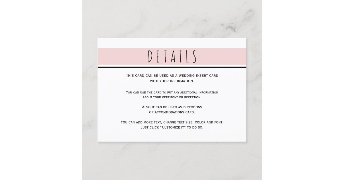 Modern blush pink wedding details insert card | Zazzle