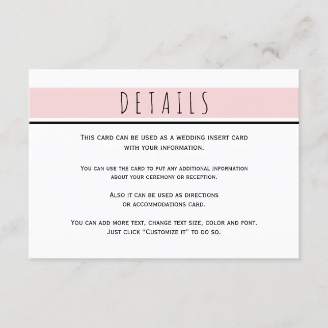 Modern blush pink wedding details insert card | Zazzle