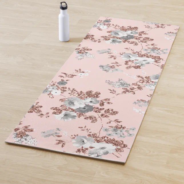 Modern blush pink white rose gold glitter floral yoga mat | Zazzle