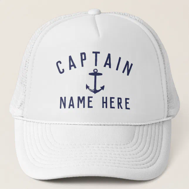 Modern Boat Captain Name Nautical Anchor Navy Blue Trucker Hat | Zazzle