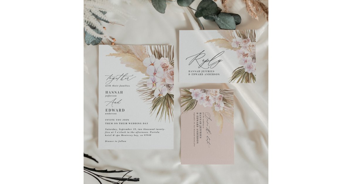 Modern bohemian pampas grass orchid wedding announ announcement ...
