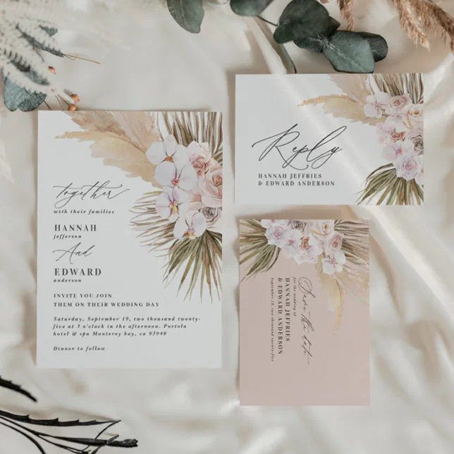 Modern bohemian pampas grass orchid wedding announ announcement ...