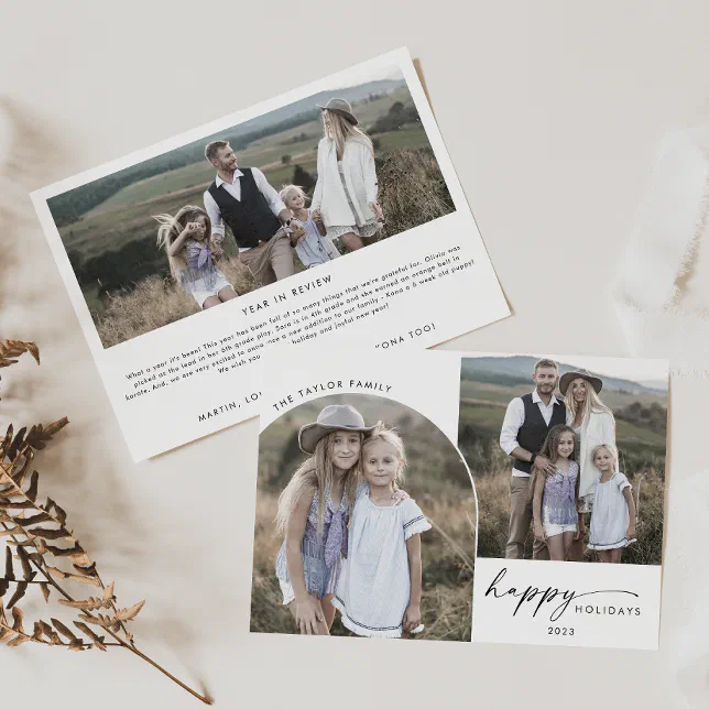 Modern Boho Arch 3 Family Photos News Holiday Card | Zazzle