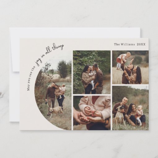 Modern Boho Arch Beige Joy In All Things 5 Photo Holiday Card | Zazzle