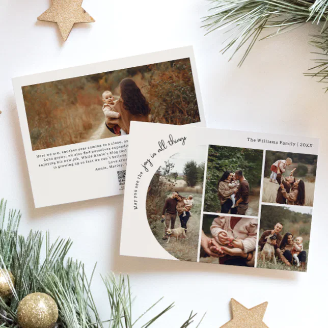 Modern Boho Arch Beige Joy In All Things Six Photo Holiday Card | Zazzle