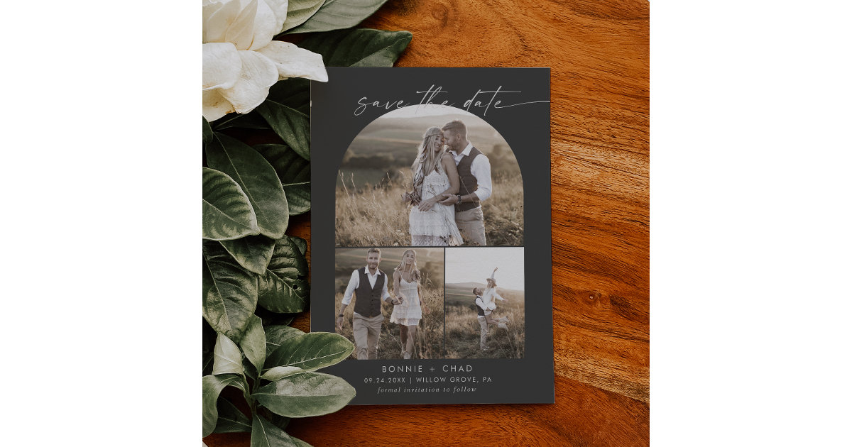 Modern Boho Arch | Gray Photo Collage Save The Date | Zazzle