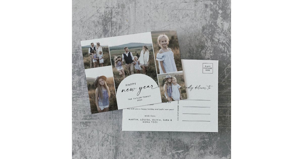 Modern Boho Arch Multi Photo Family News New Year Holiday Postcard | Zazzle