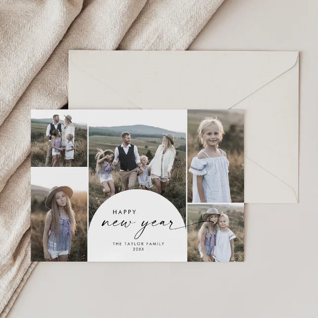 Modern Boho Arch Multi Photo New Years Holiday Card | Zazzle