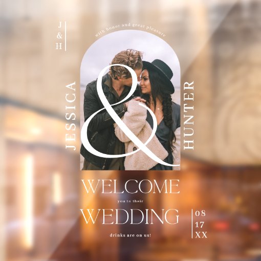 Modern boho arch photo wedding white welcome window cling | Zazzle