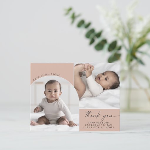 Modern Boho Arch | Salmon 2 Photo Thank You Birth Announcement Postcard ...