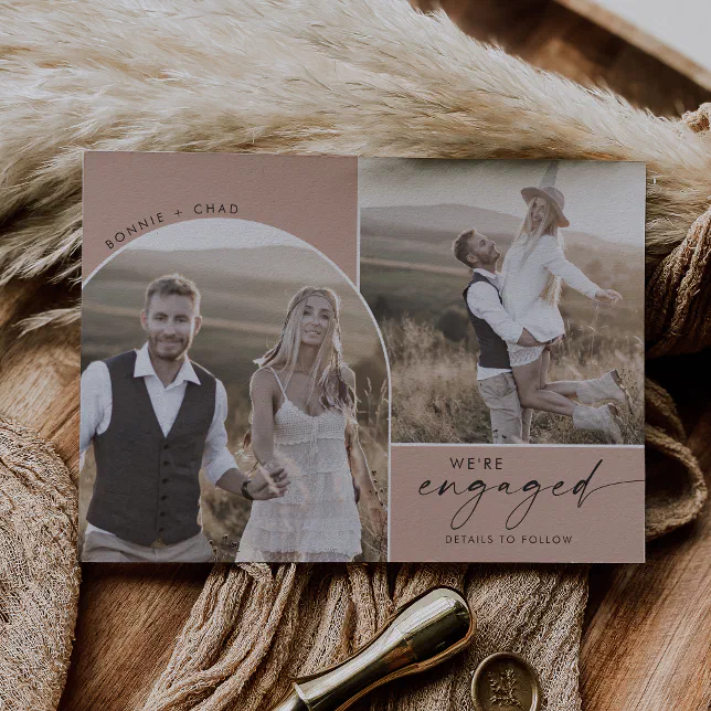 Modern Boho Arch | Salmon 3 Photo Engagement Announcement | Zazzle