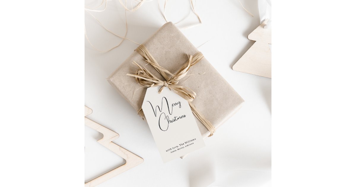 Modern Boho Beige Merry Christmas Family Gift Tags | Zazzle