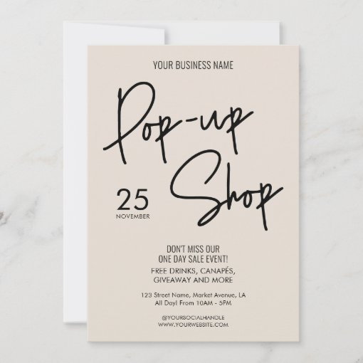 Modern Boho Beige Small Business Pop Up Shop Event Invitation | Zazzle