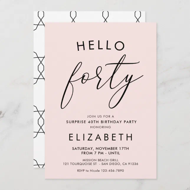 Modern Boho Blush 40th Birthday Hello forty Invitation | Zazzle