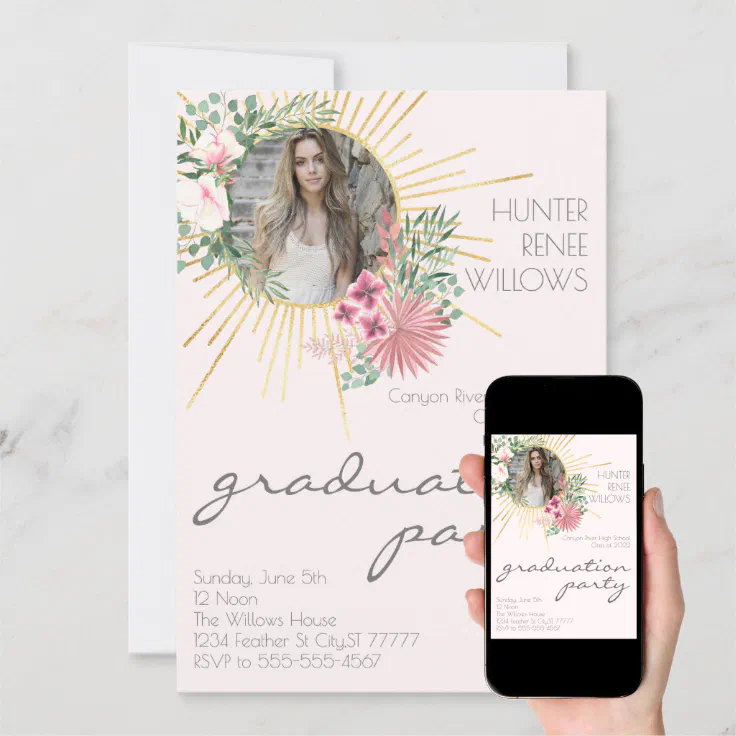 Modern Boho Blush Pink Floral Photo Graduation Invitation | Zazzle