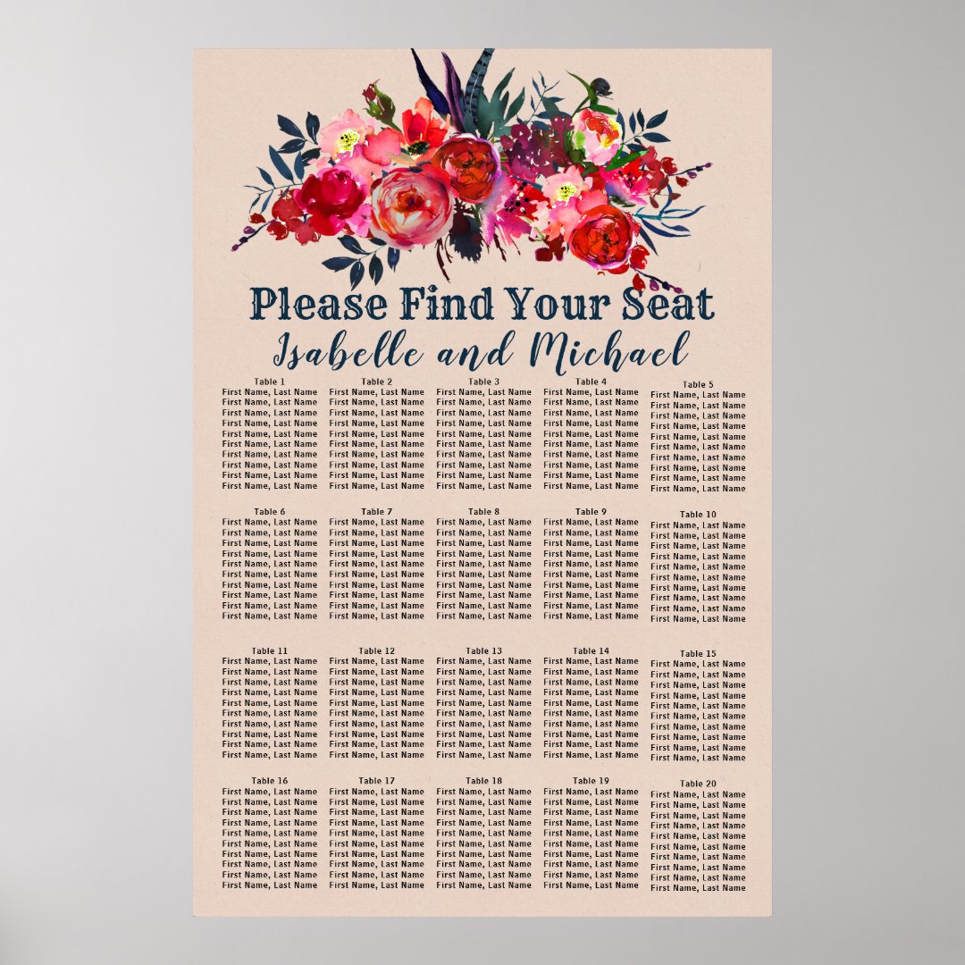 Modern Boho Chic Red Floral 20-Table Seating Chart | Zazzle