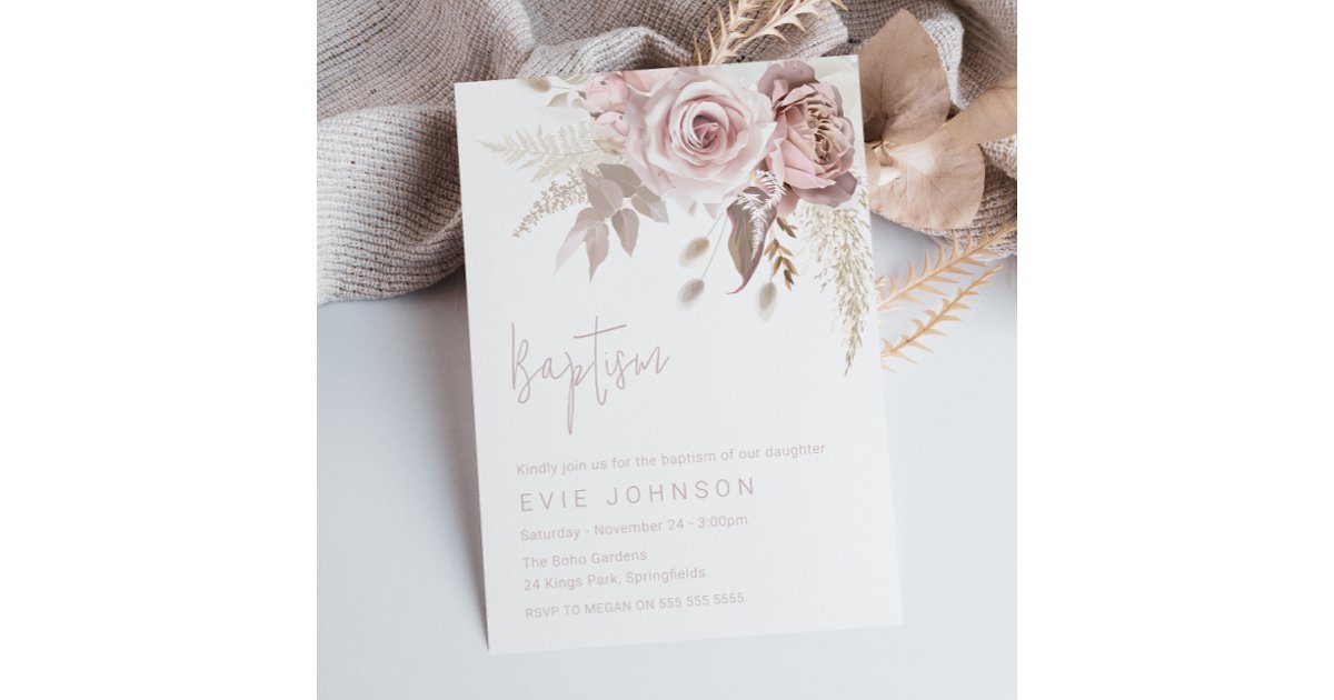 Modern Boho Dusty Rose & Blush Floral Baptism Invitation | Zazzle