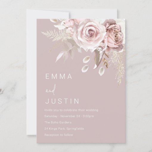 Modern Boho Dusty Rose Blush Floral Wedding Invitation | Zazzle