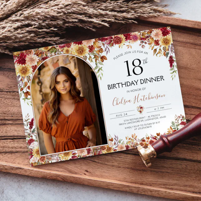 Modern Boho Floral 18th Birthday Dinner Photo Invitation | Zazzle