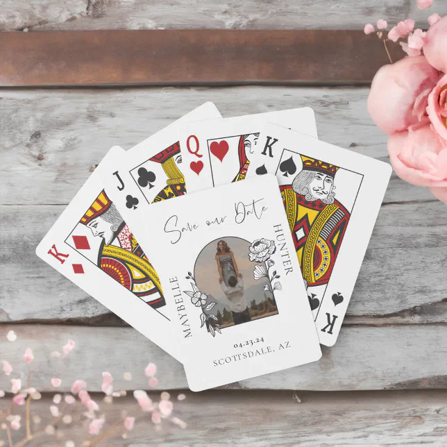 Modern Boho Floral Rose Photo Arch White Poker Cards | Zazzle
