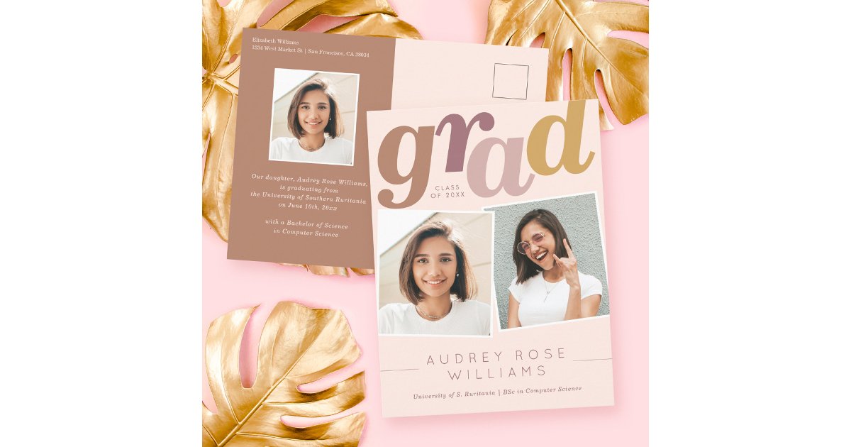 Modern Boho Grad Typography Blush Photo Graduation Postcard | Zazzle