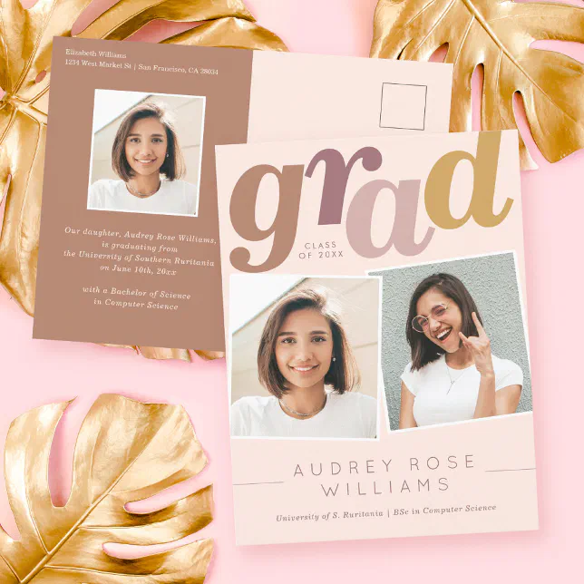 Modern Boho Grad Typography Blush Photo Graduation Postcard | Zazzle