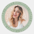 Modern Boho Happy Birthday sage green Photo Classic Round Sticker | Zazzle