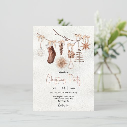 Modern Boho Holiday Christmas Party Branch Invitation | Zazzle