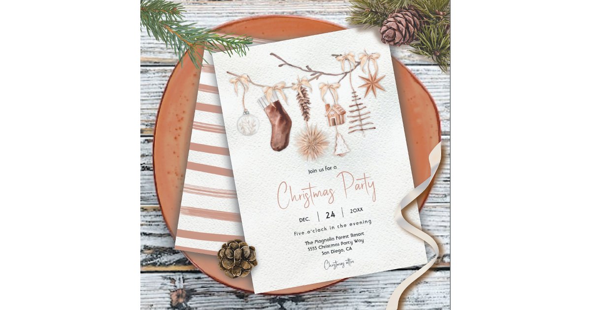 Modern Boho Holiday Christmas Party Branch Invitation | Zazzle