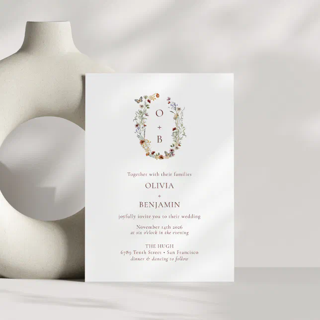 Modern Boho Nature Wildflowers Monogram Wedding Invitation | Zazzle