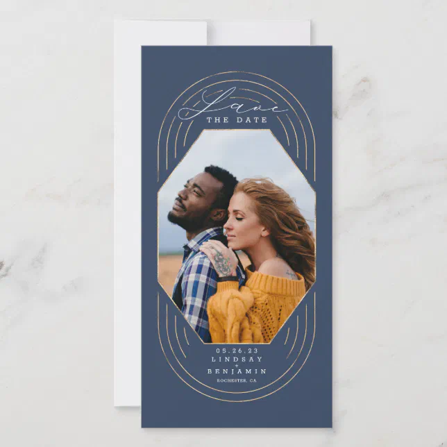 Modern Boho Navy Blue and Gold Save The Date Photo | Zazzle