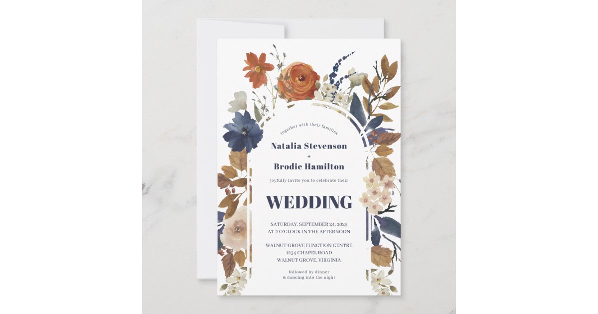Modern Boho Navy Blue Rust Wedding Invitation | Zazzle