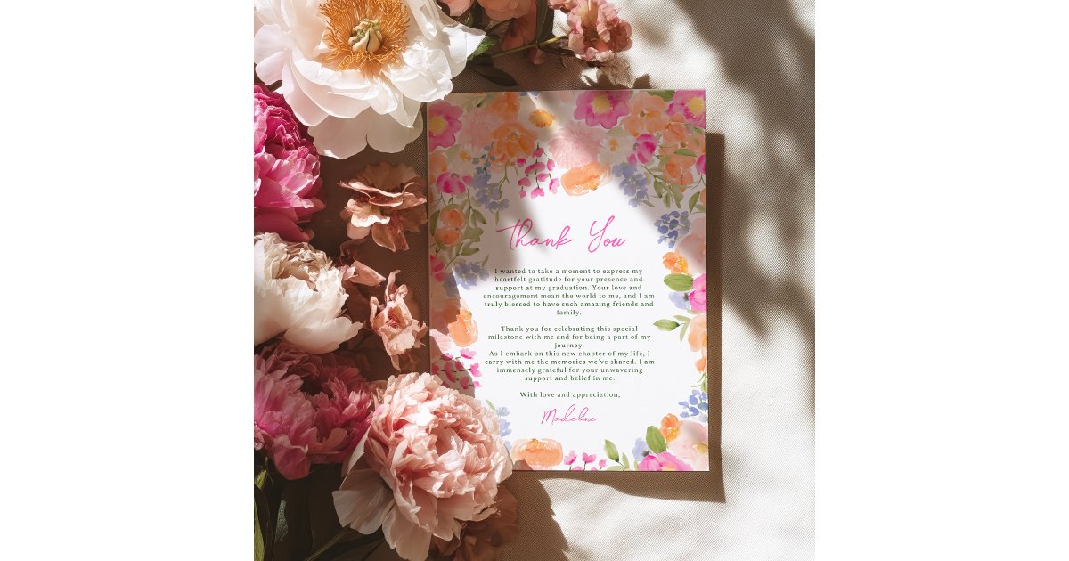 Modern Boho Peach and Pink Floral Graduation Thank You Card | Zazzle