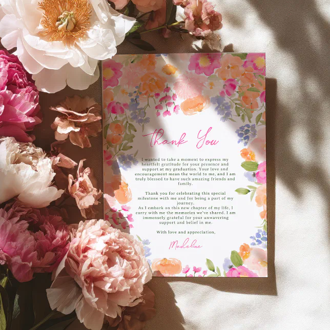 Modern Boho Peach and Pink Floral Graduation Thank You Card | Zazzle