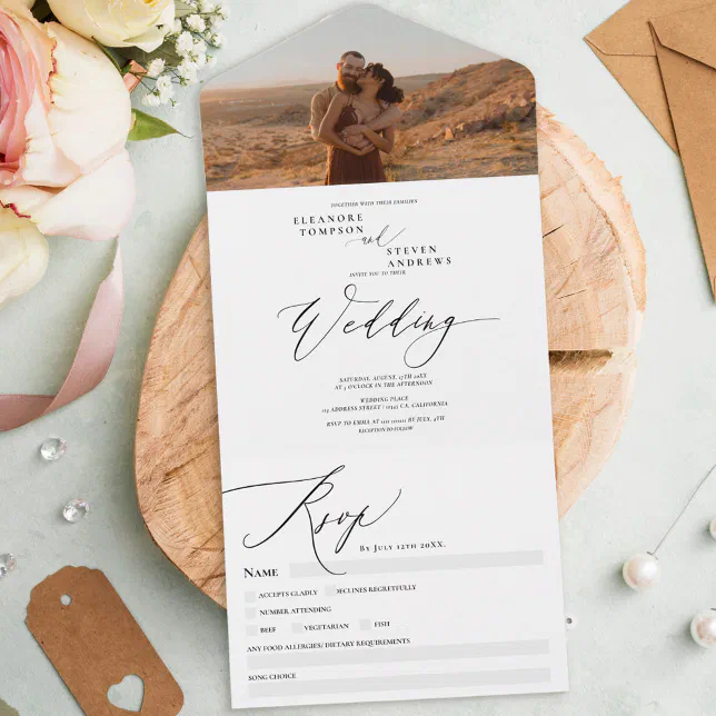 Modern boho photo chic calligraphy wedding all in one invitation | Zazzle